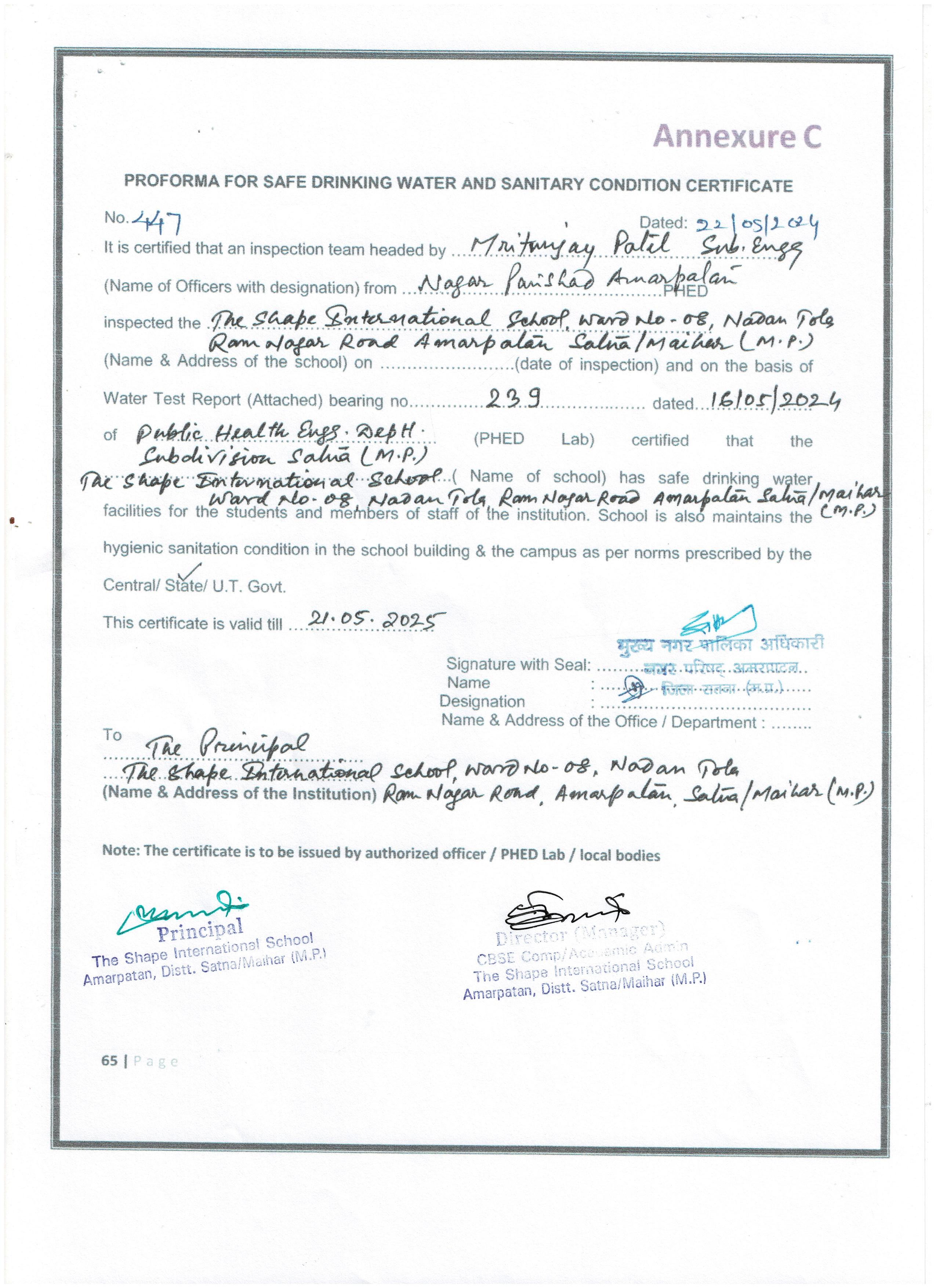 Water Health and Sanitation Certificate
